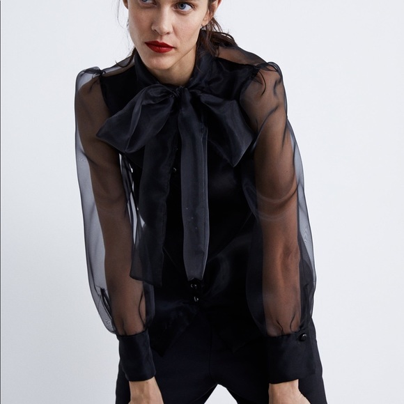 Zara | Tops | Zara Organza Semisheer Blouse Top W Tie Black Color Nwt ...
